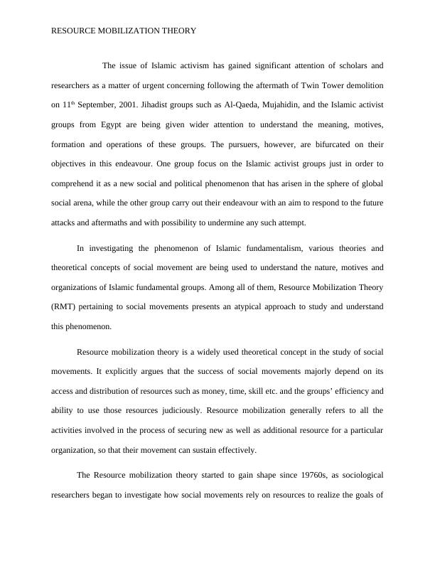 Resource Mobilization Theory and Islamic Social Movements