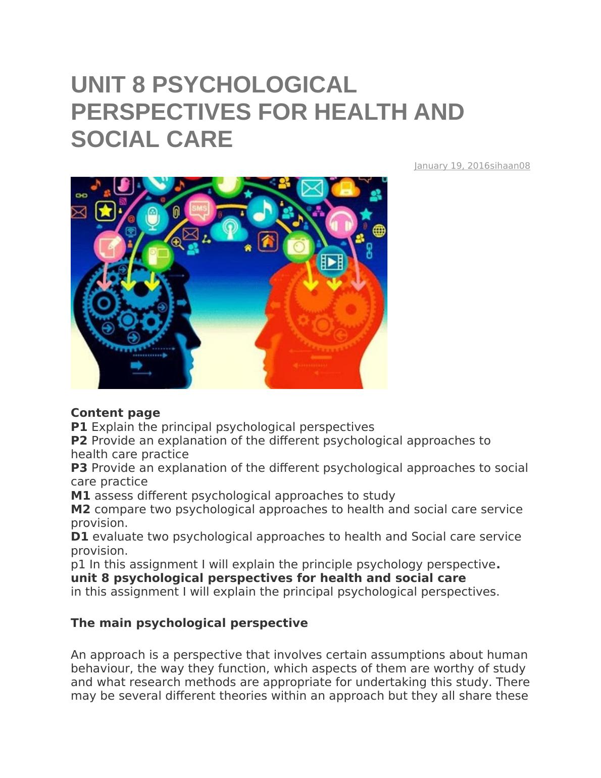 Article on the Psychological Perspective for Health and Social Care