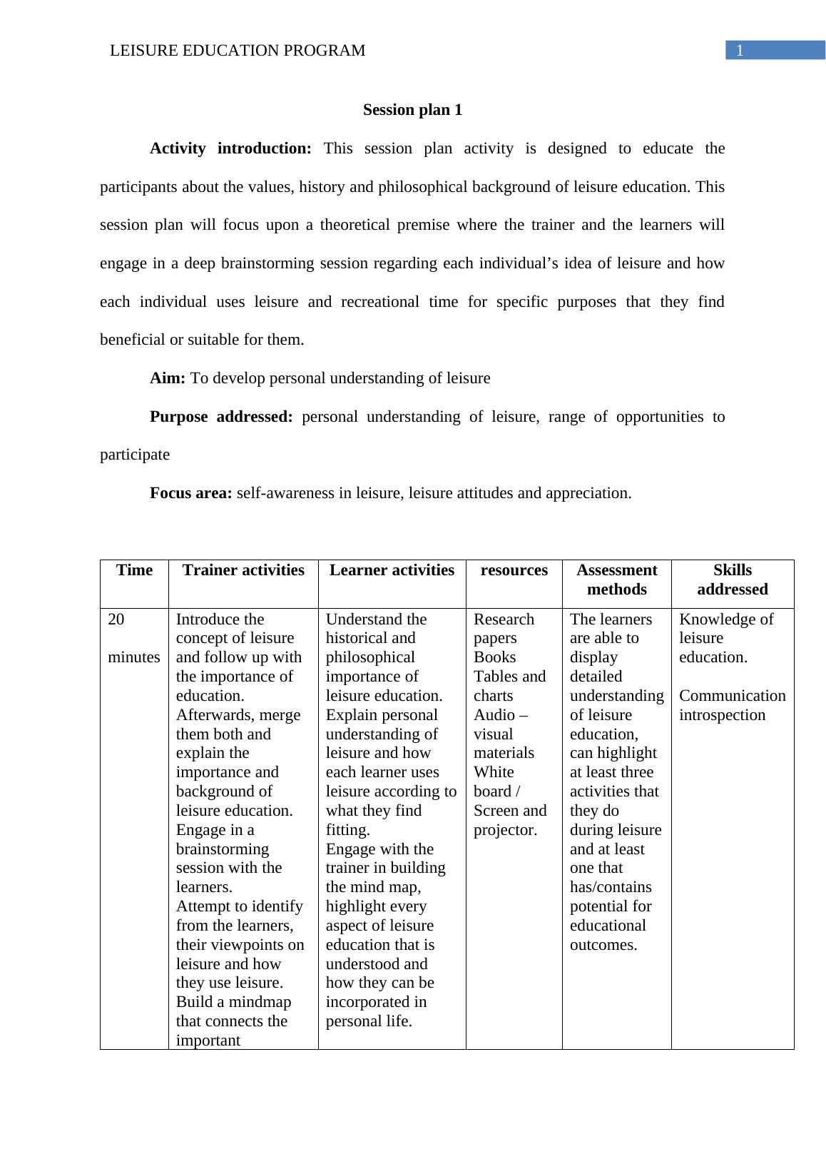 Leisure Education Program: Session Plans for Personal Development