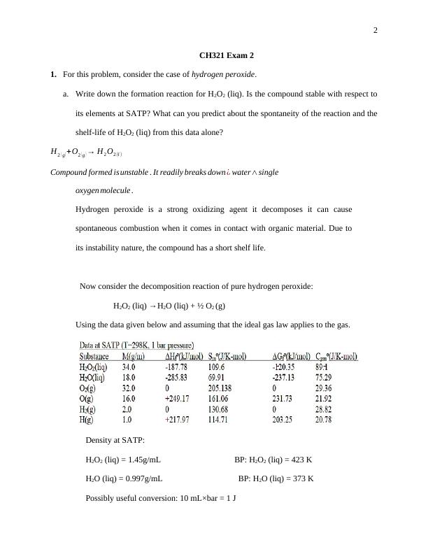 CH321 Thermodynamics: Hydrogen Peroxide and Phase Diagrams