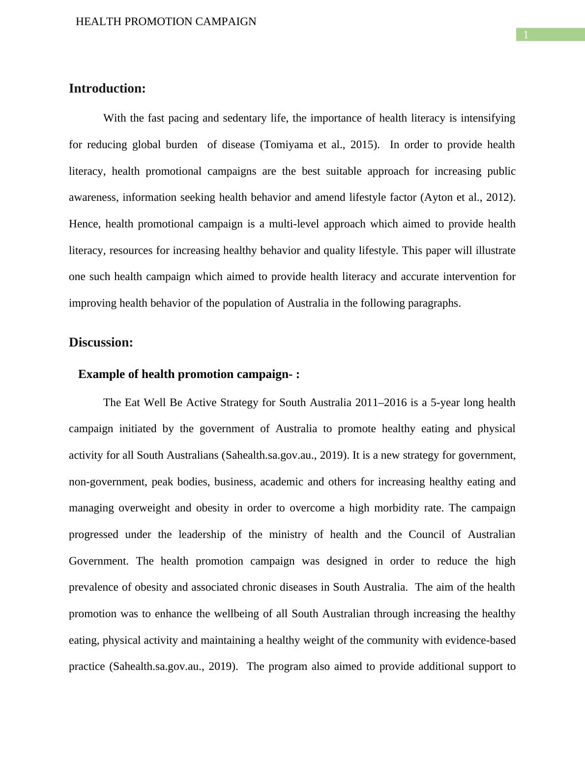Analysis of the Eat Well Be Active Health Campaign