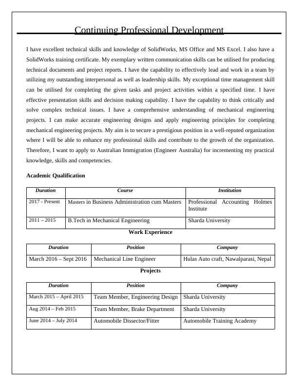 Mechanical Engineering Report - Professional Development