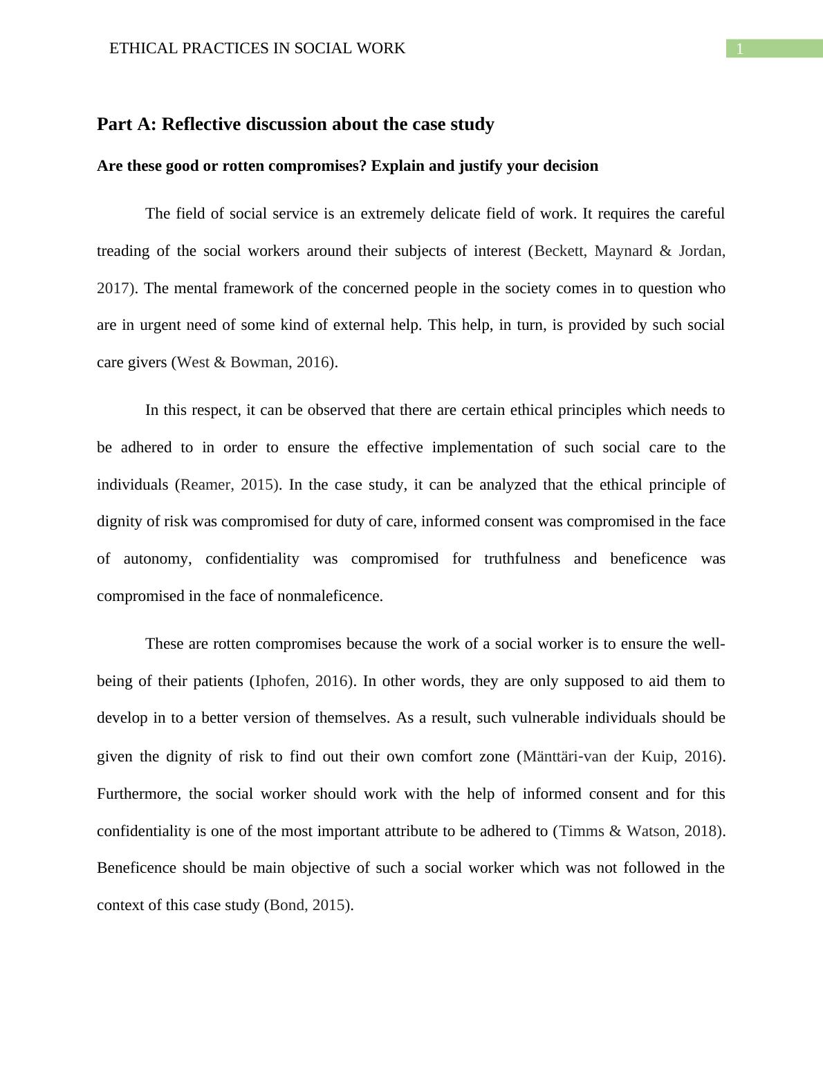 Ethical Practices in Social Work: Case Study & Reflection