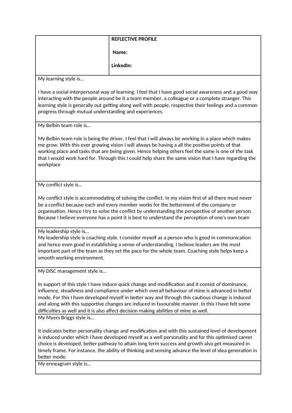 Reflective Profile: Personal Development and Learning Styles