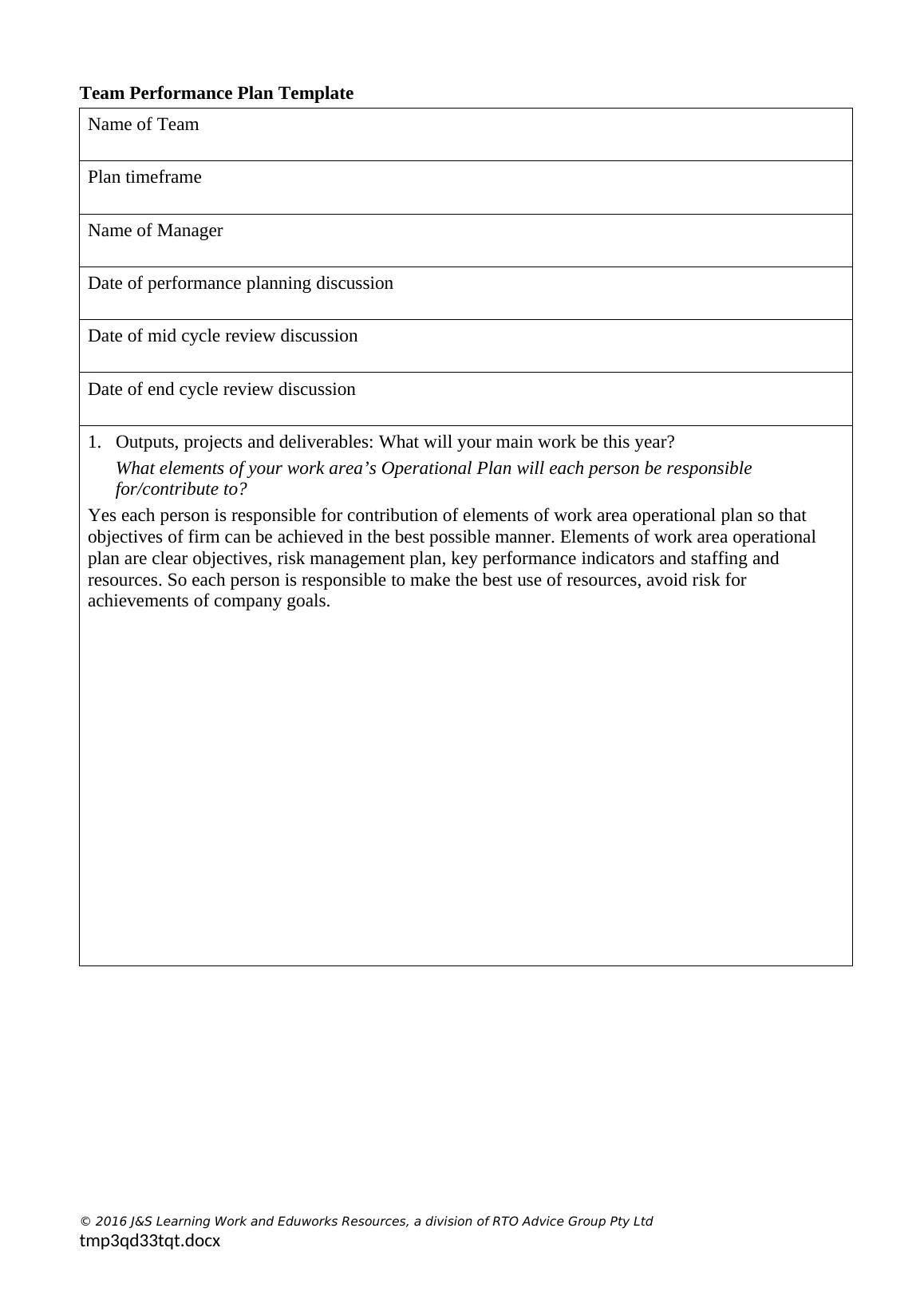 Leadership Management: Team Performance Plan Template Review