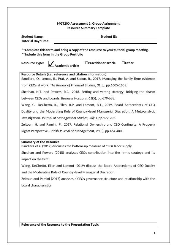 MGT200 Assessment 2: Group Assignment Resource Summary Template
