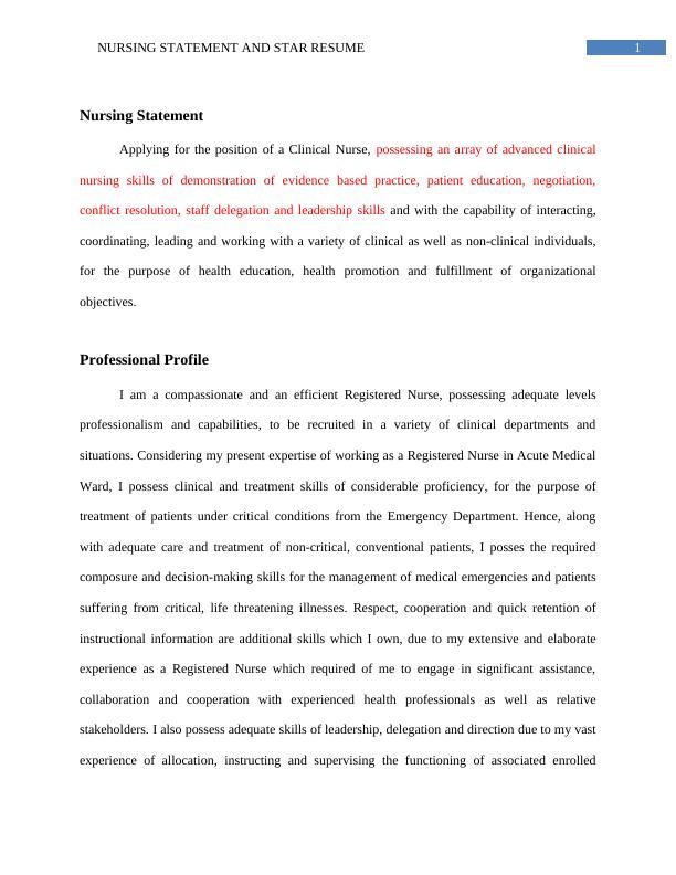 Nursing Statement and STAR Resume for Clinical Nurse