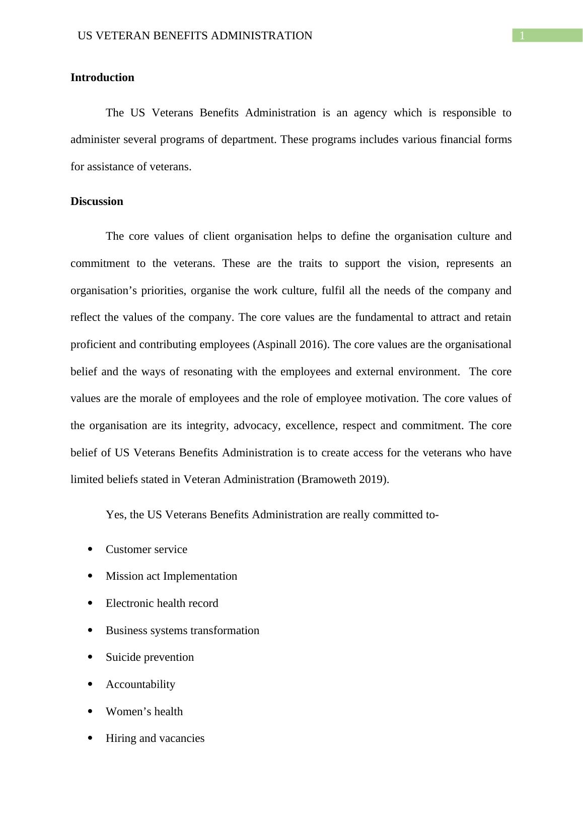 US Veteran Benefits Administration: Core Values Report