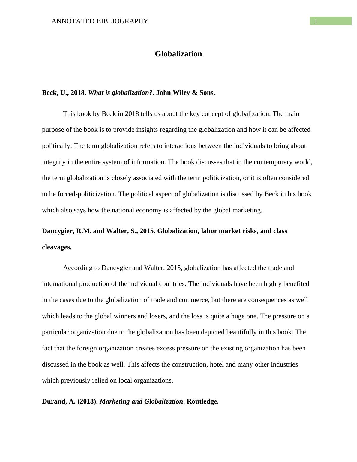 Annotated Bibliography: Globalization and Construction