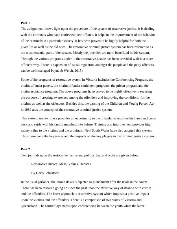 Restorative Criminal Justice System: Key Issues and Impacts