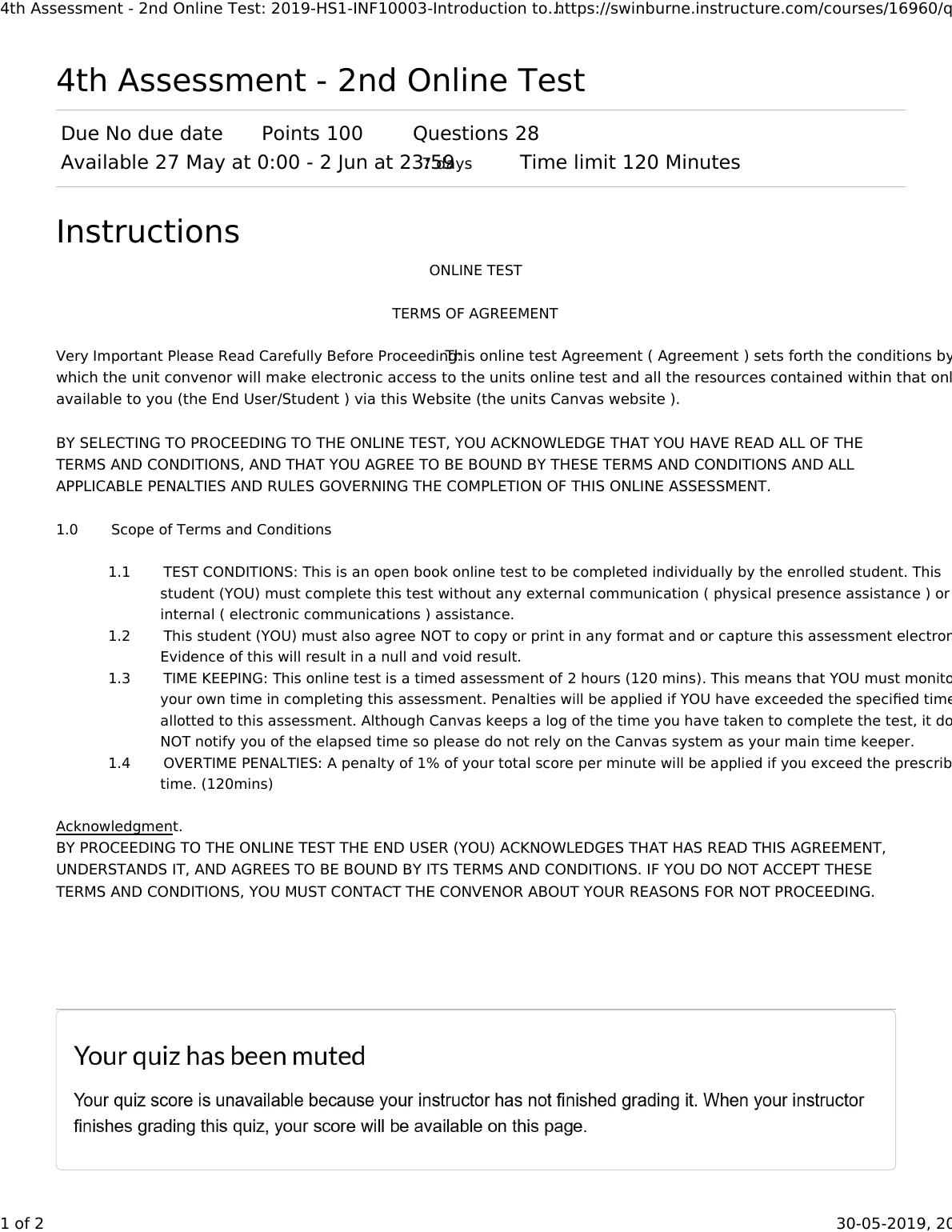 4th Assessment - 2nd Online Test: 2019-HS1-INF10003-Introduction