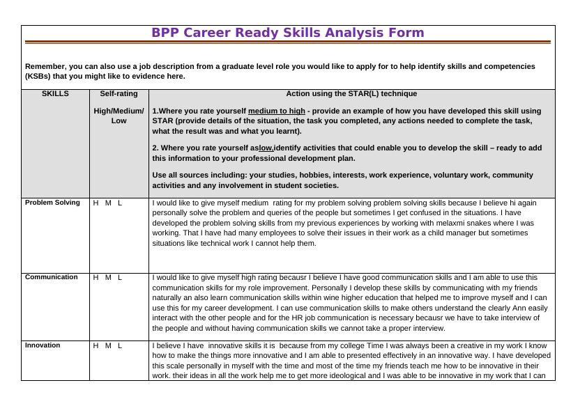 BPP Career Ready Skills Analysis - Self Assessment