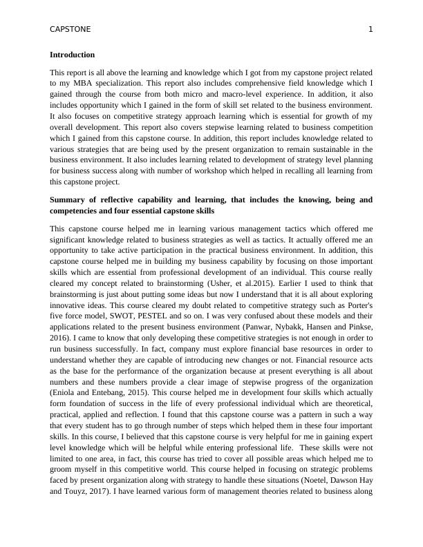 Reflective Essay on MBA Capstone: Skills, Learning, Career