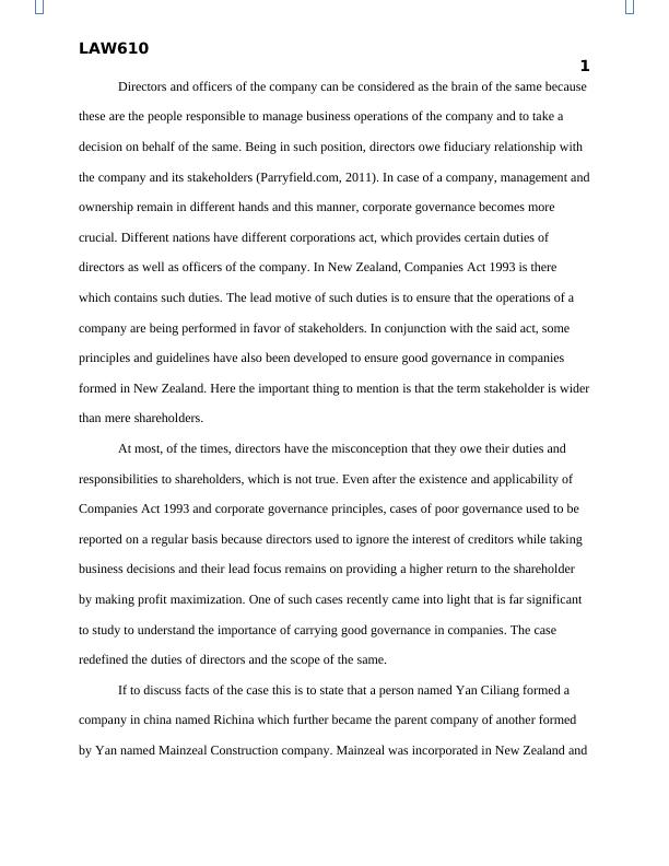 LAW610 Essay: Analysis of Mainzeal Directors' Duties Case