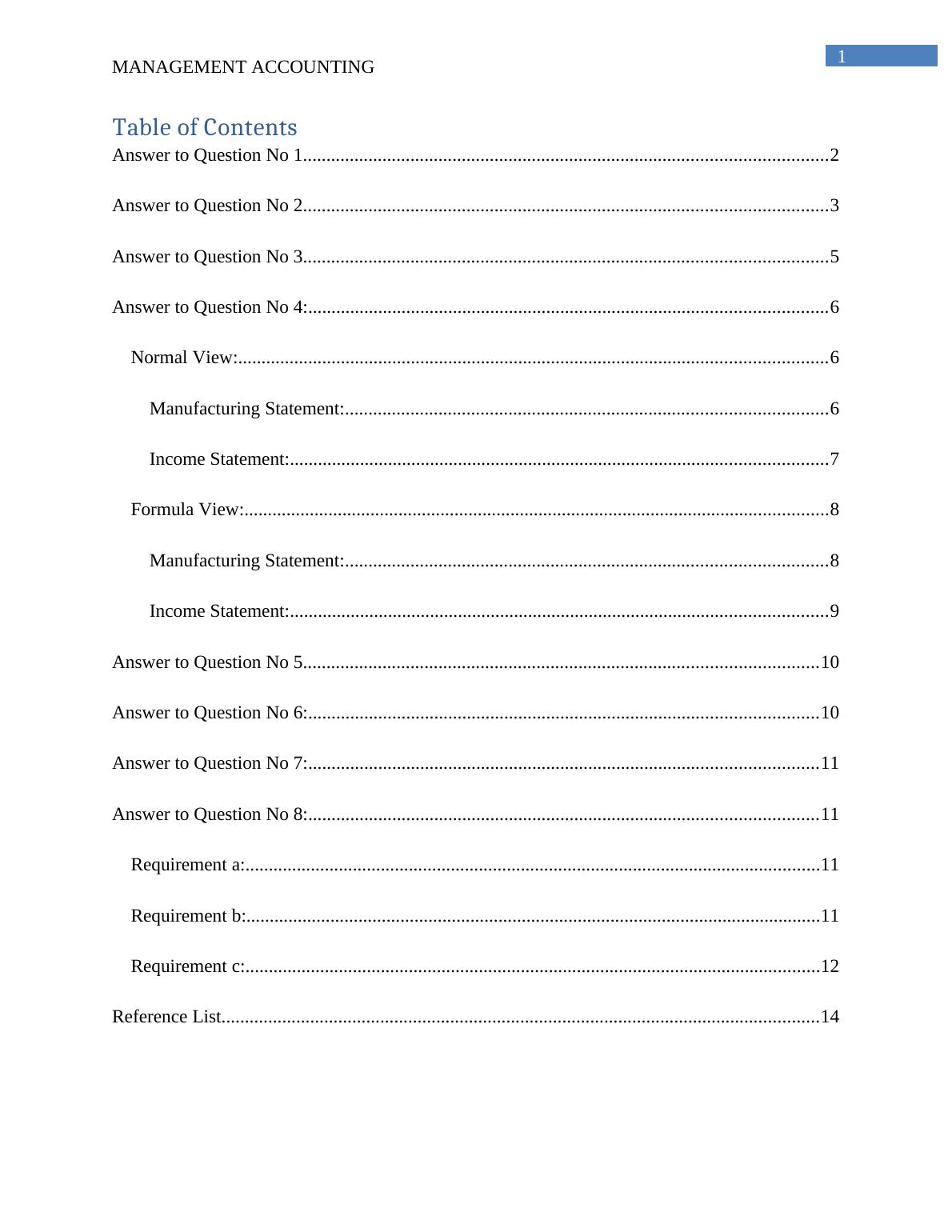 Management Accounting Report: Analysis and Applications