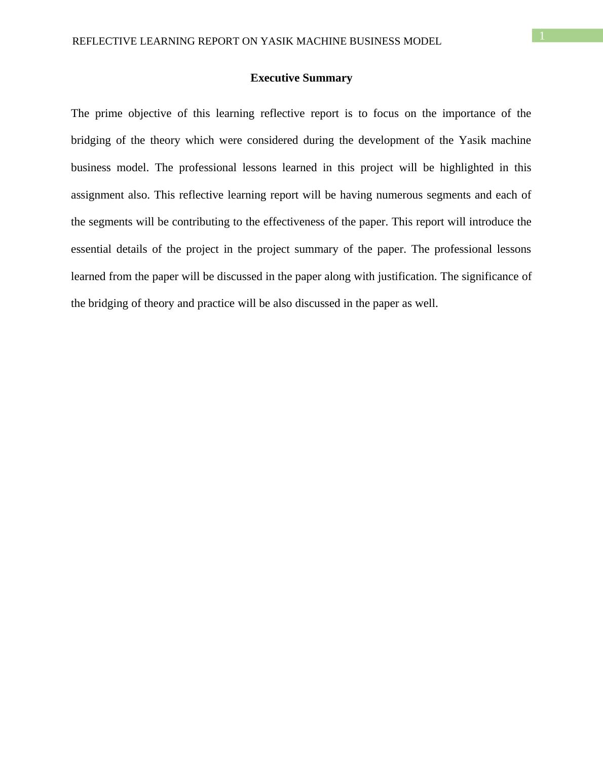 Reflective Learning Report on Yasik Machine Business Model