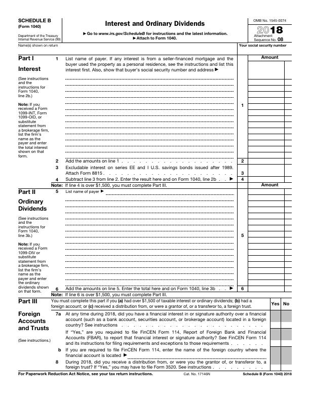 Schedule B - Interest and Ordinary Dividends (Form 1040) - 2018