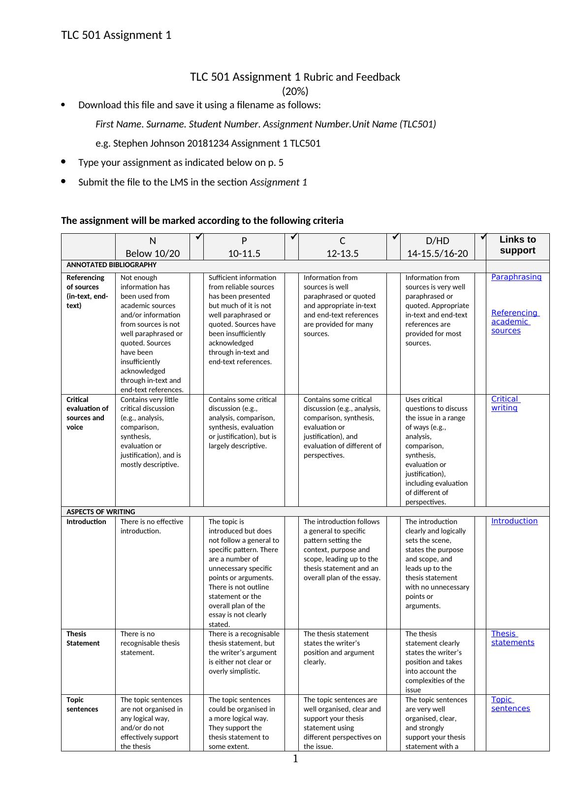 TLC 501 Assignment 1 TLC 501 Assignment 1 Rubric and Feedback