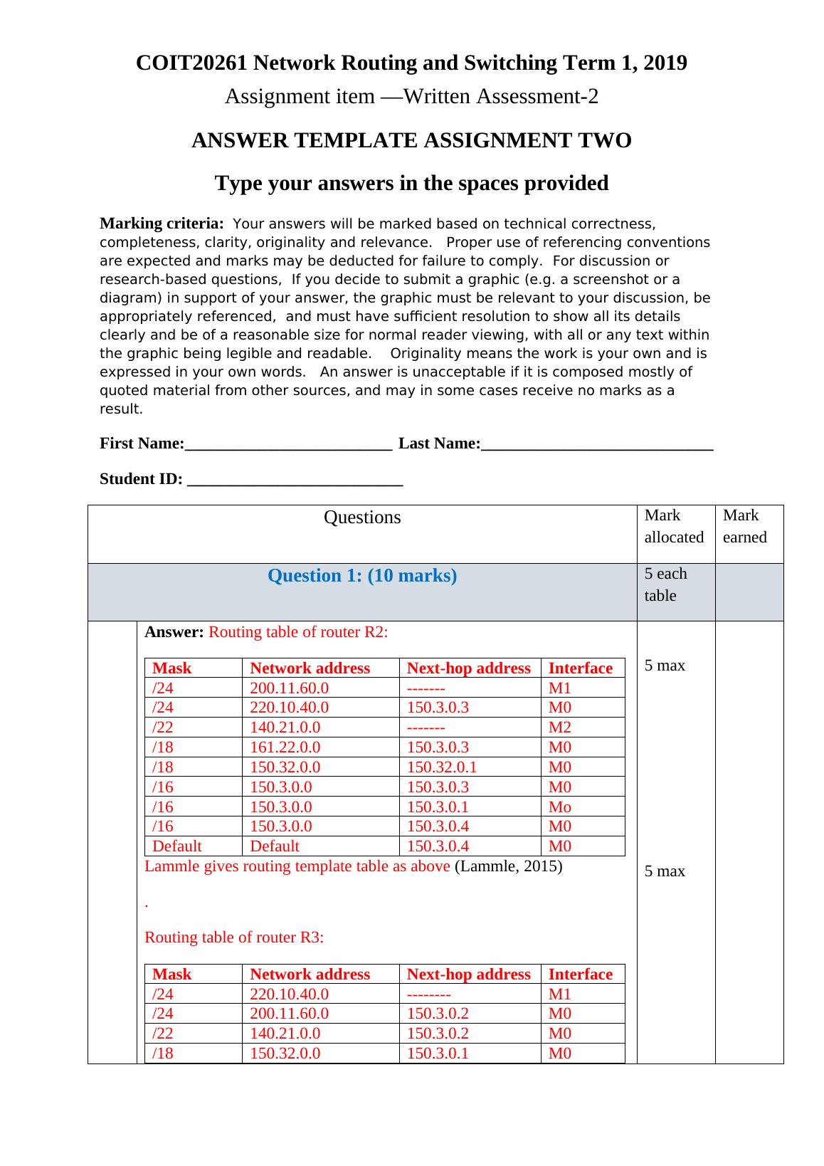 COIT20261 Network Routing Written Assessment Solution