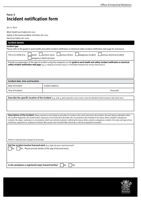 Queensland Workplace Incident Notification Form 3 Details