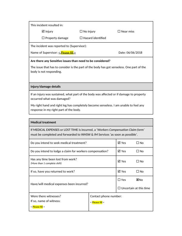 Incident Report Form for Workplace Injury or Damage