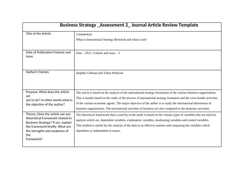Business Strategy Journal Article Review - Kent Institute