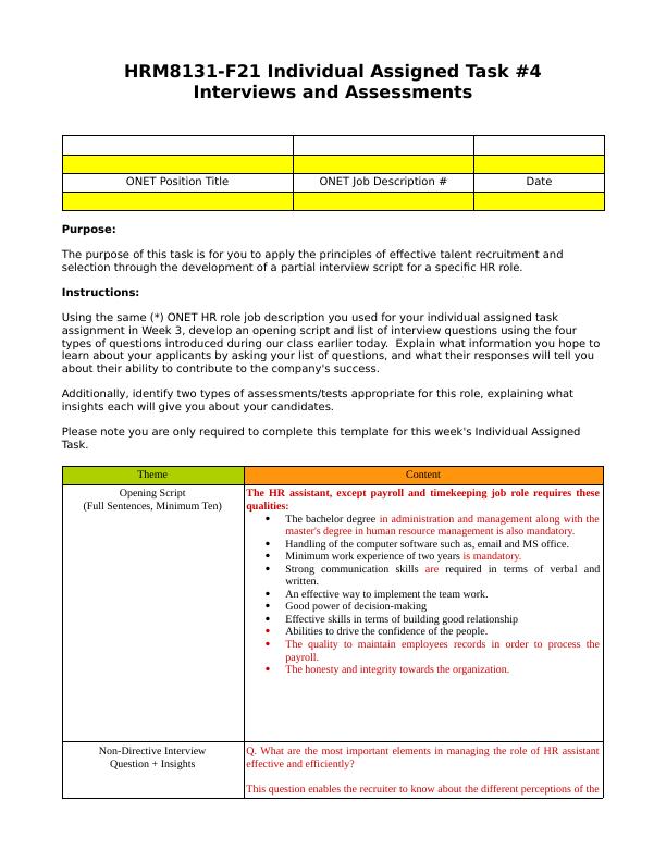 Talent Recruitment: HRM8131 Interview Script & Assessments