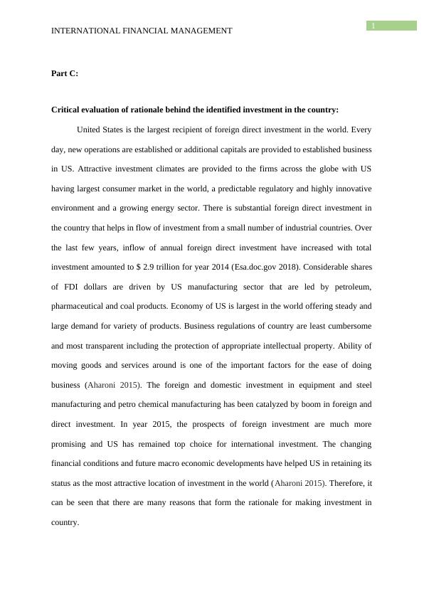 Critical Evaluation of Rationale behind Investment in US