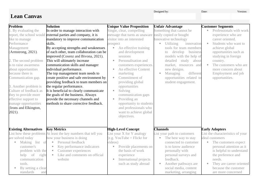 Lean Canvas: Business Model Innovation and Analysis