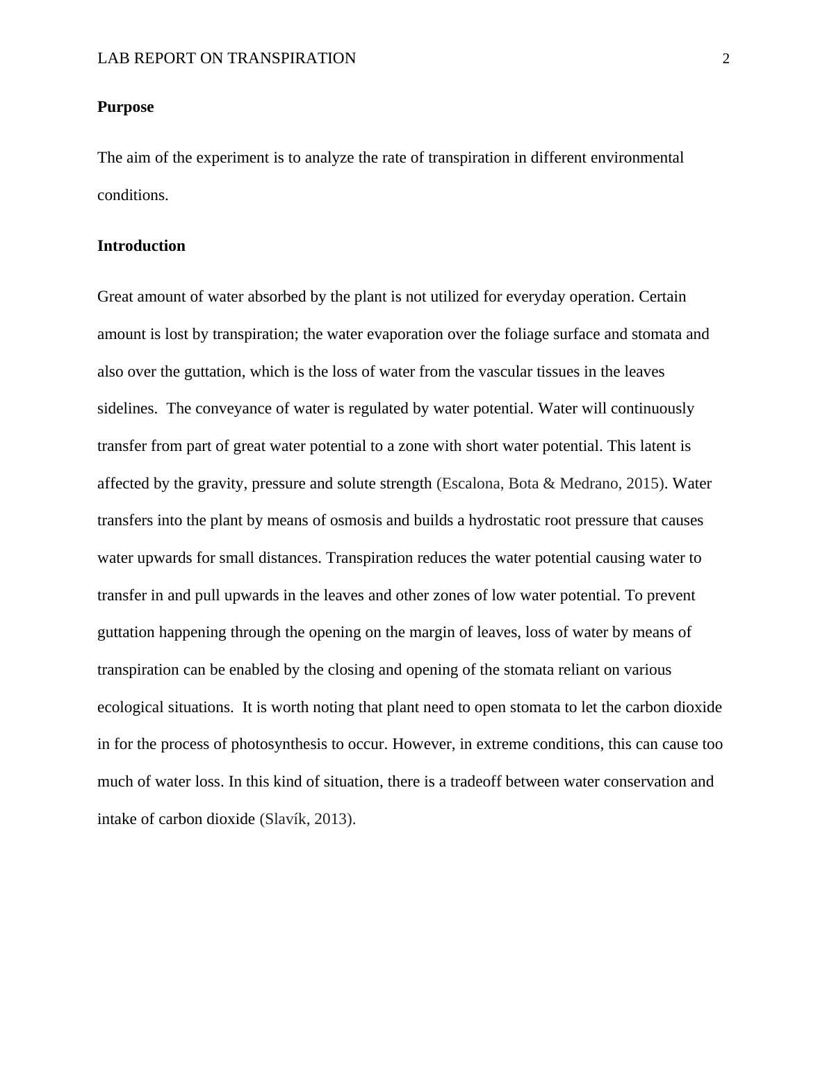 Experimental Biology: Transpiration Lab Report Analysis