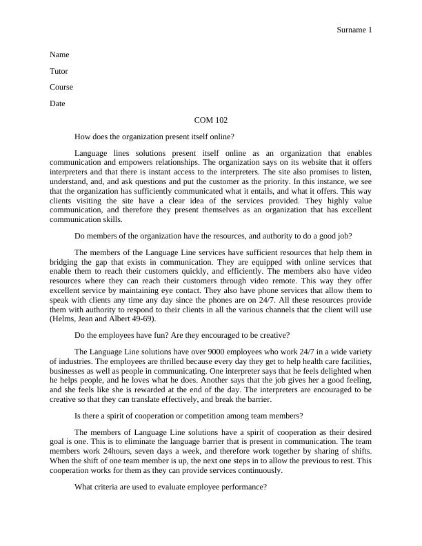 Language Line Solutions: Organizational Culture and Communication