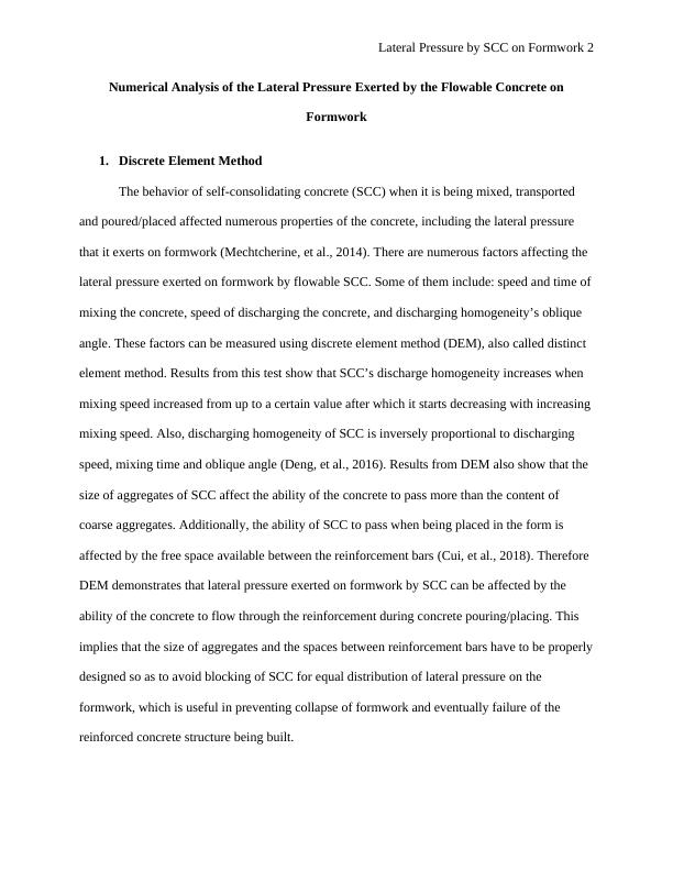 Lateral Pressure by SCC on Formwork - Desklib