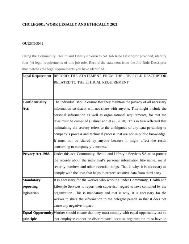 CHCLEG001 Assignment: Understanding Legal, Ethical Duties