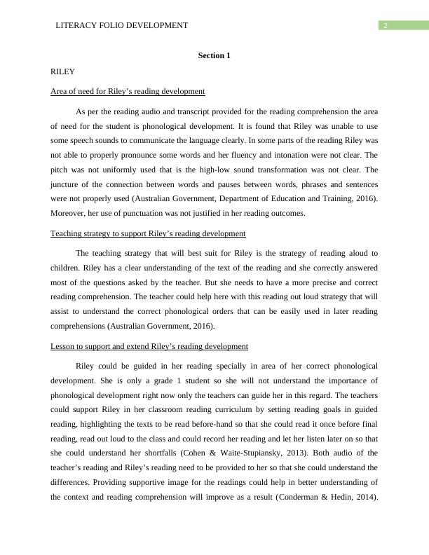 Literacy Folio Part B: Reading Development Analysis Report