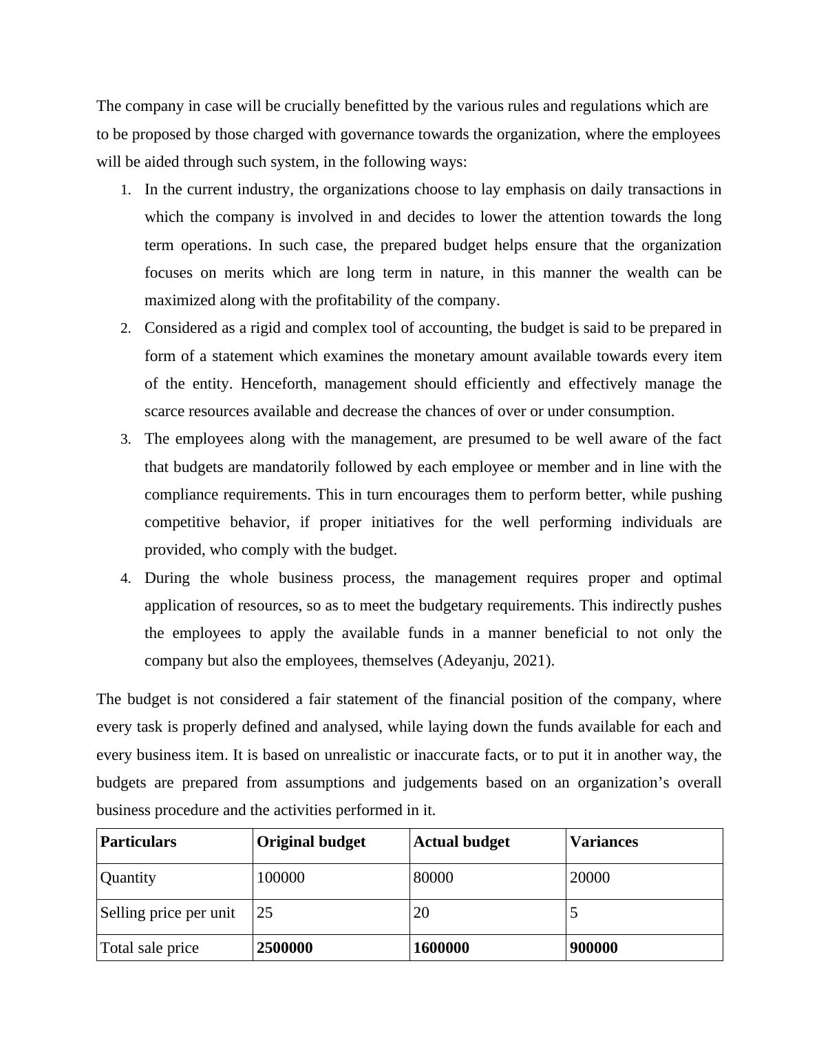 Management Accounting: Performance Report and Suggestions