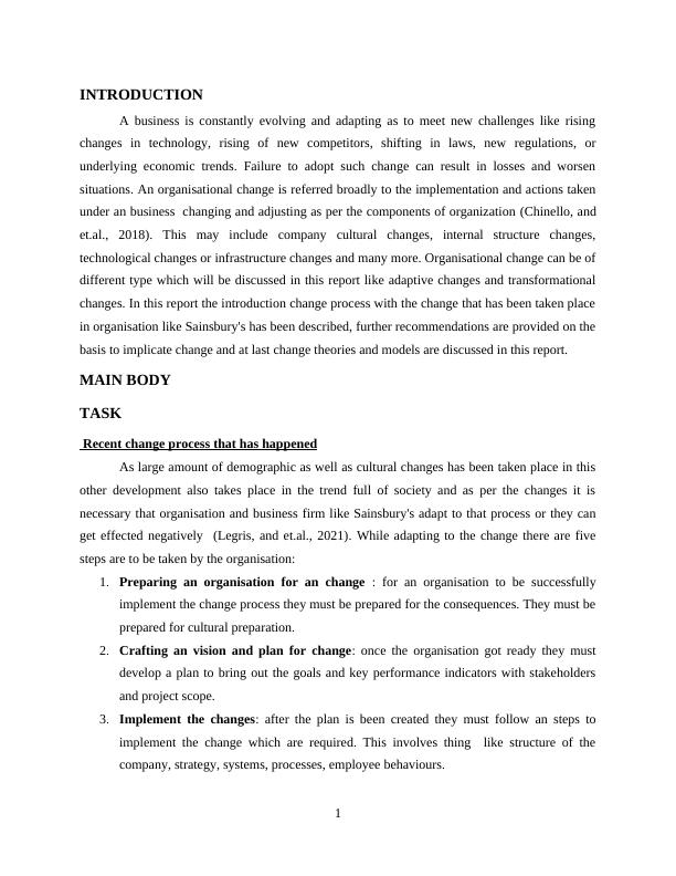 Management Report on Recent Change Process in Sainsbury's