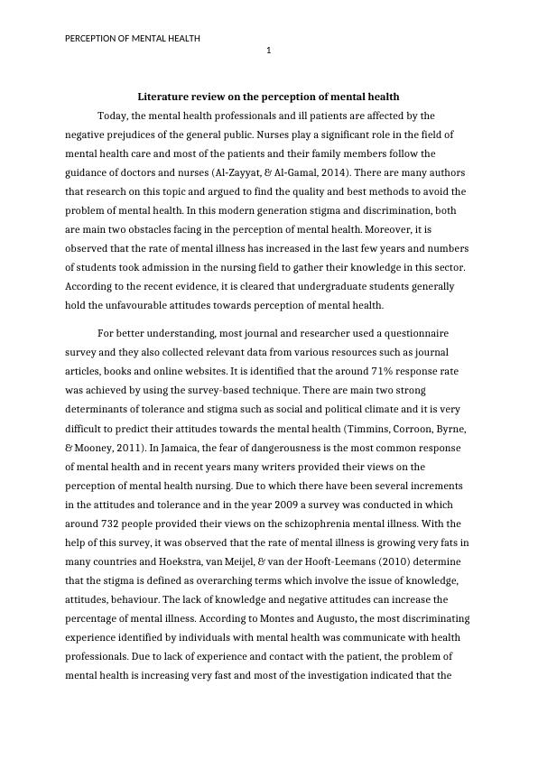 Perception of Mental Health: A Literature Review