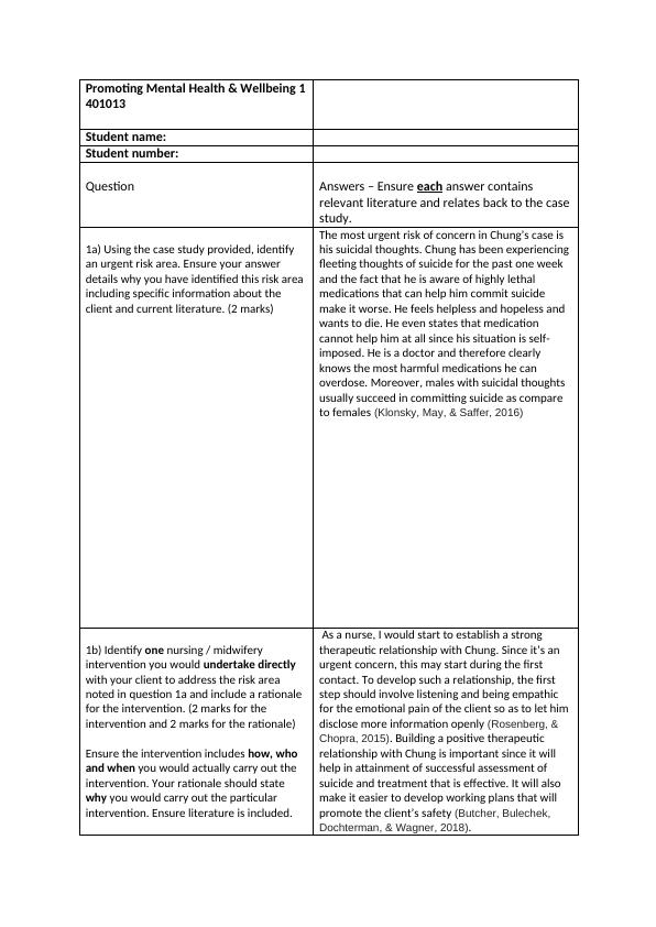 Case Study: Mental Health Nursing and Risk Assessment