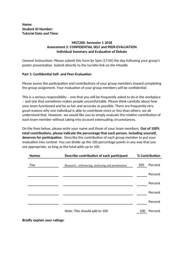 MGT200 S1 2018: Confidential Debate Evaluation Report