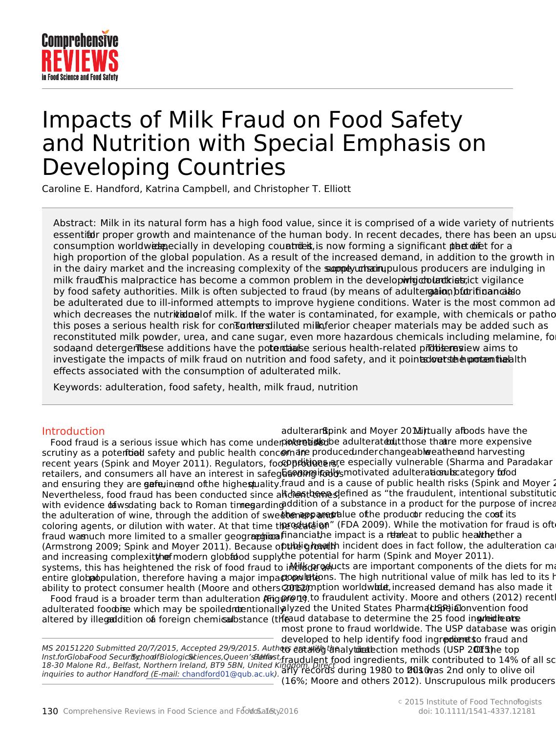 Impacts of Milk Fraud on Food Safety and Nutrition in Developing Countries