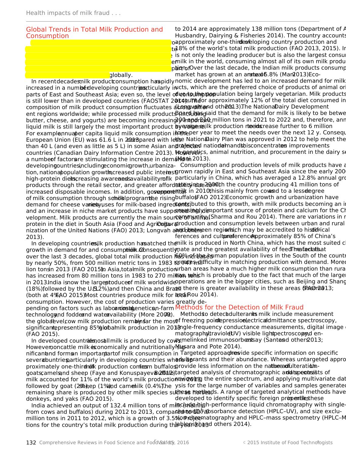 Impacts of Milk Fraud on Food Safety and Nutrition in Developing Countries