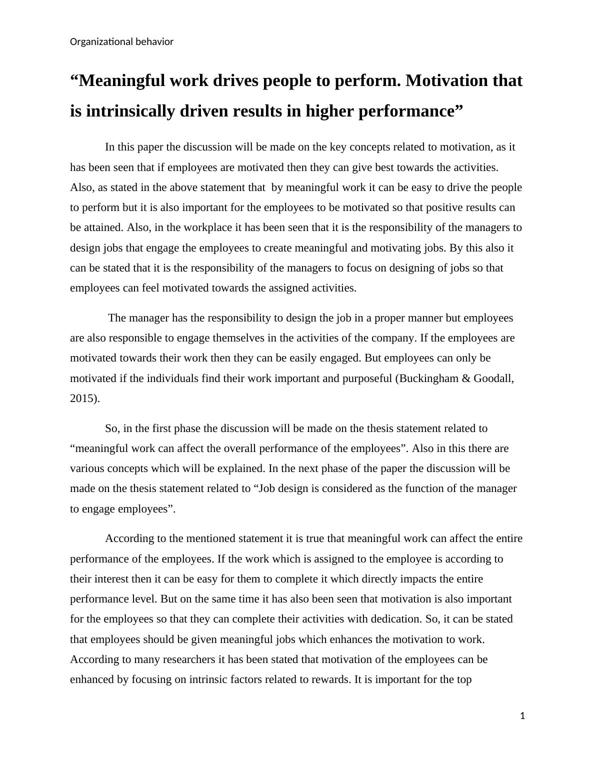 Motivation and Job Design: Key Concepts in Organizational Behavior