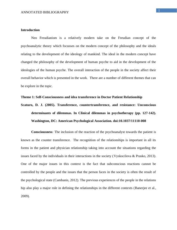 PSY-802: Annotated Bibliography of Neo Freudianism Theories