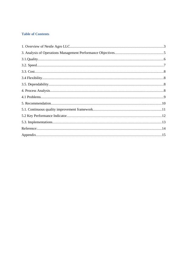 Analysis of Operations Management Performance Objectives of Nestle Agro LLC