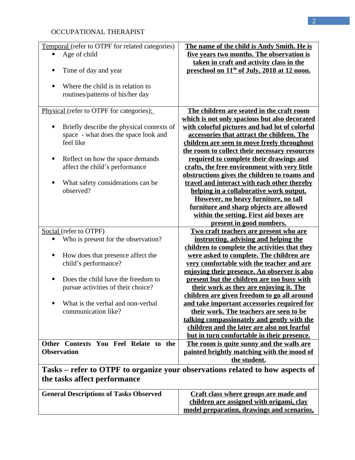 Observations of Occupational Therapist in a Preschool Craft Class | Desklib