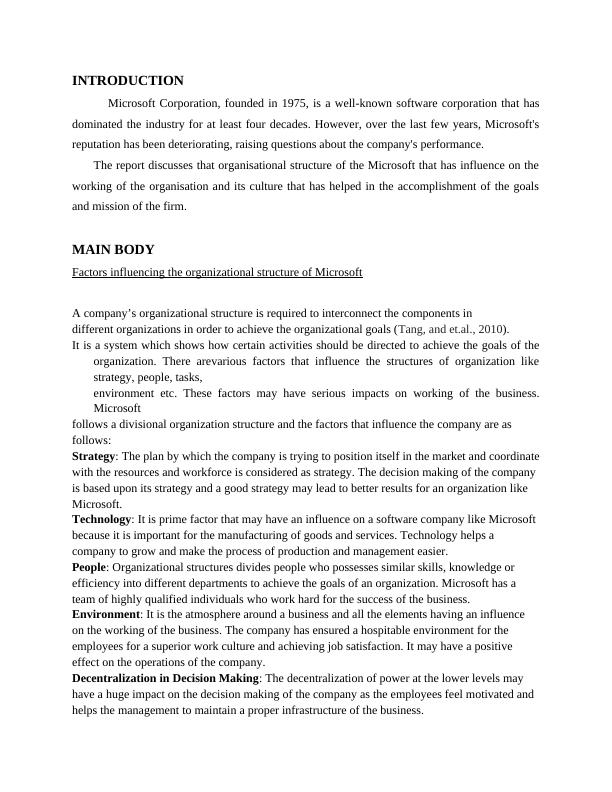 Factors Influencing Organisational Structure of Microsoft | Desklib