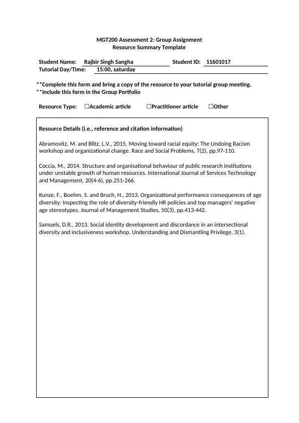 Organisational Behaviour: MGT200 Assessment 2 Resource