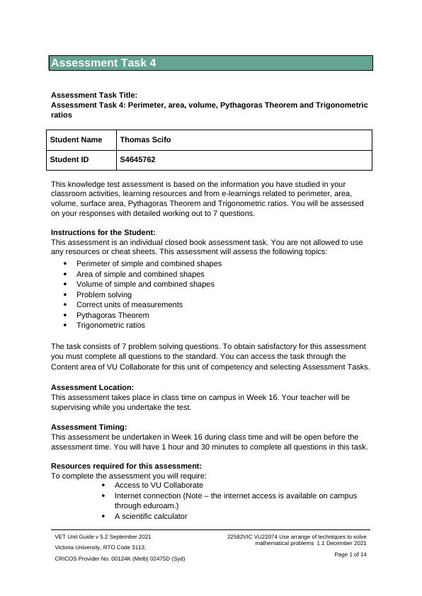 Perimeter, Area, Volume, Pythagoras Theorem and Trigonometric Ratios ...