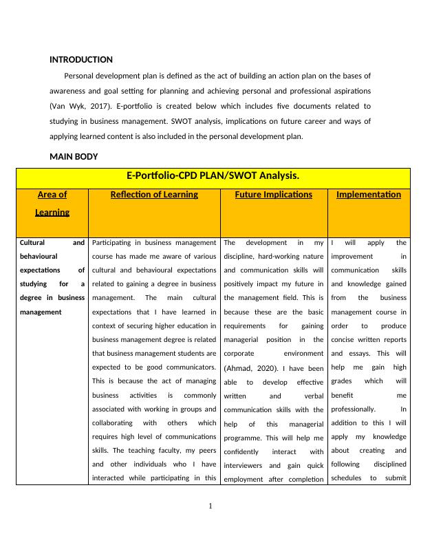 Personal Development Plan for Business Management Students | Desklib