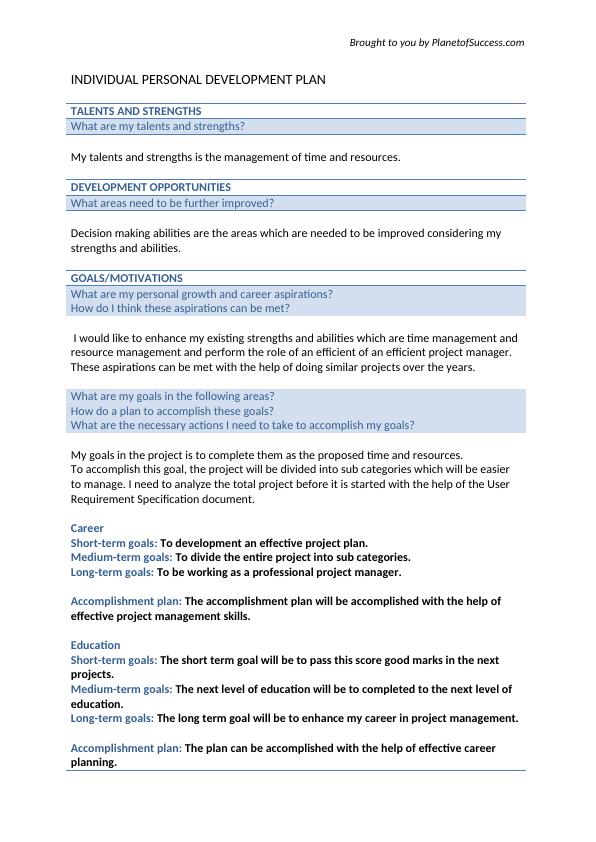 Personal Development Plan for Talent and Strengths | Desklib